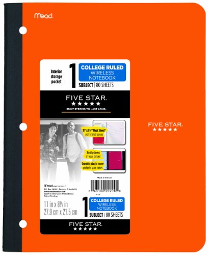 Five Star Bound Notebook with Pocket, 1 Subject, College Ruled Paper, 80 Sheets, 11" x 8-1/2", Color Selected For You, 1 Count (09294)
