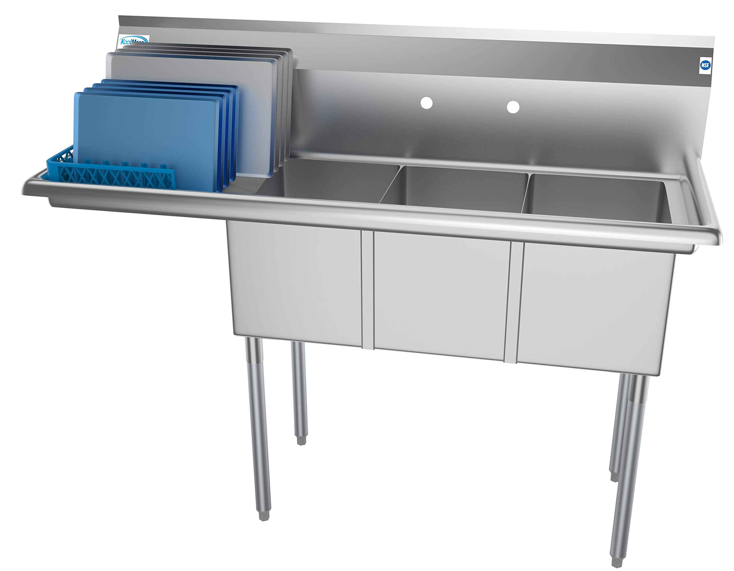 KoolMore 3 Compartment Stainless Steel Commercial Kitchen Sink with Large Drainboard - Bowl Size 12" x 16" x 10", Silver