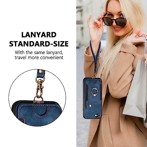 JanCalm for iPhone SE Case 2022/SE 2020 Case,for iPhone 8/7 Case,Card Holder Wallet,Ring Holder Stand,RFID-Blocking,Wrist Strap,Camera Protector,Leather Protective Magnetic Flip Cover (Blue)