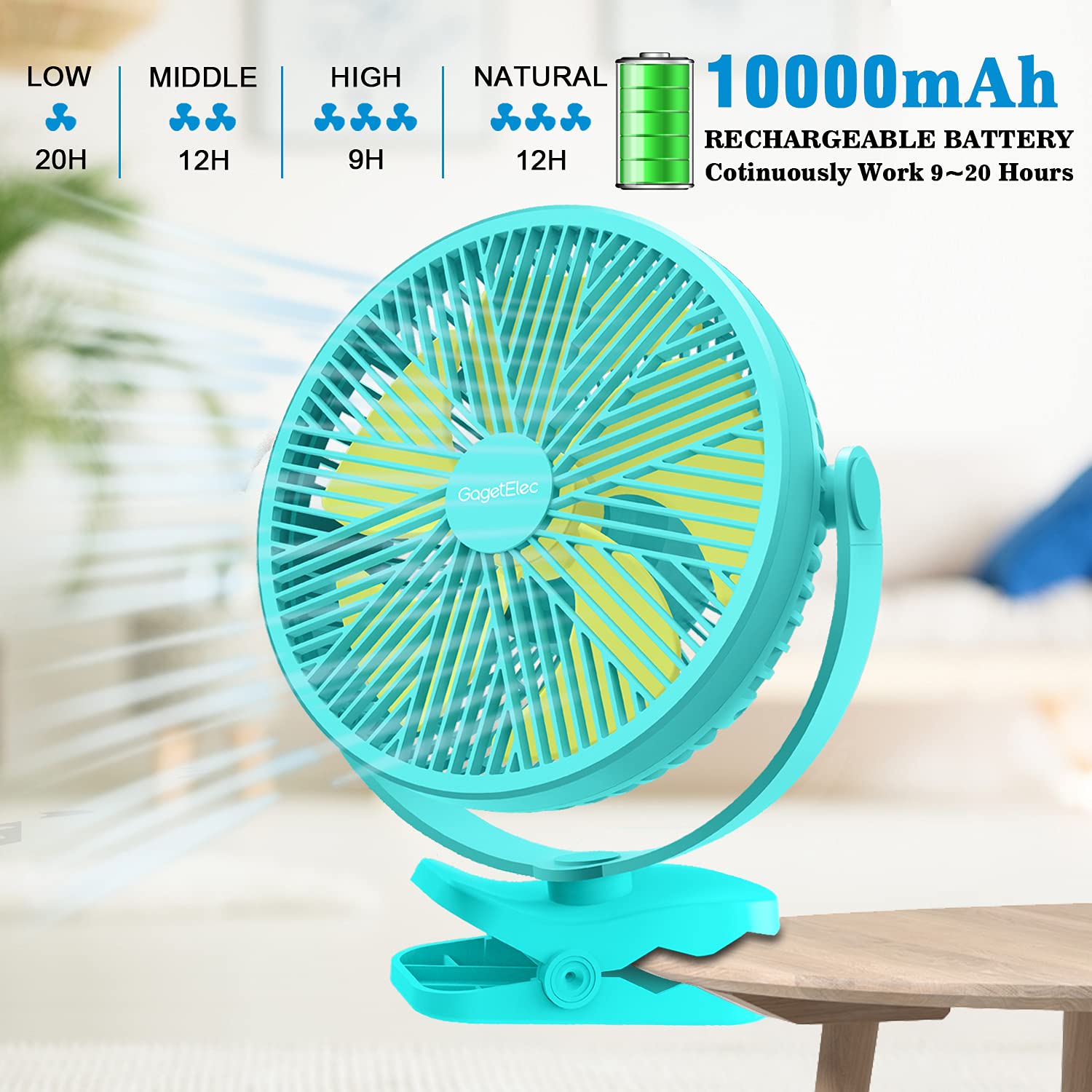 GagetElec 8" Foldaway Fan Rechargeable 10000mAh Battery Powered Oscillating Fan,20H Working Time,Portable Standing Fans with Adjustable Tripod,4 Speeds Cooling Fishing Camping Beach Fan