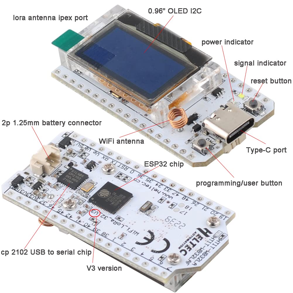 DIYmalls 915 MHz ESP32 OLED LoRa V3 Board SX1262 + Protective LoRa Case Cover + 915 LoRa Antenna for Arduino Meshtastic LoraWan IOT (Pack of 2)