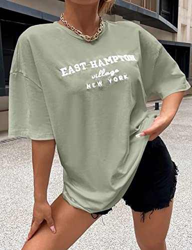 Lauweion Women Drop Shoulder East Hampton Letter T-Shirt Oversized Graphic Baggy Trendy Tee Shirt Top Green