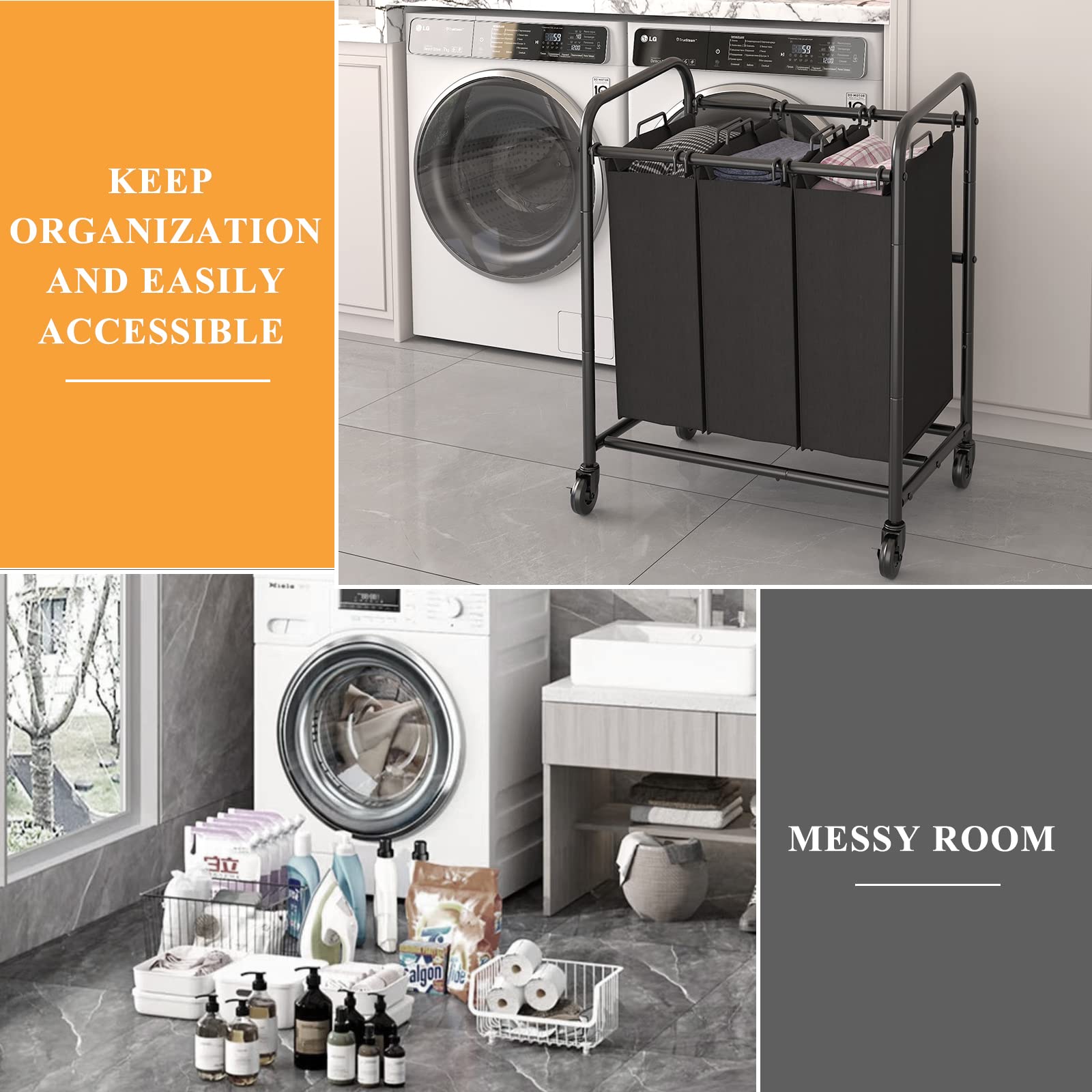 Wisdom Star 3 Bag Laundry Sorter Cart, Laundry Hamper Sorter with Heavy Duty Rolling Wheels and Removable Bags for Clothes Storage,Laundry Organizer Laundry Basket Laundry Clothes Hamper, Black