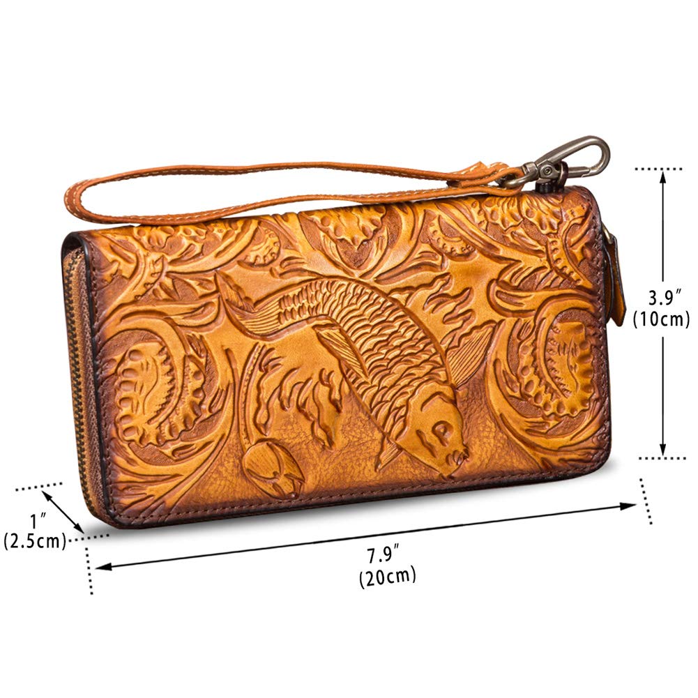 Genuine Leather Wallet Women's Zip Around Wristlet Long Purse Vintage Embossing Cowhide Capacity Handmade Clutch (Brown)