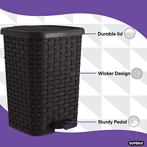Superio Wicker Step On Trash Can with Foot Pedal โ Outdoor and Indoor Brown 12 qt Trash Can, Waste Basket for Bathroom, Kitchen, Office, Patio, or Backyard