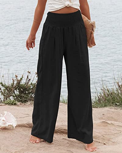 ERTUPE Women's Linen Palazzo Pants Boho Wide Leg High Waist Lounge Pant Elastic Casual Loose Solid Trousers with Pockets A-Black