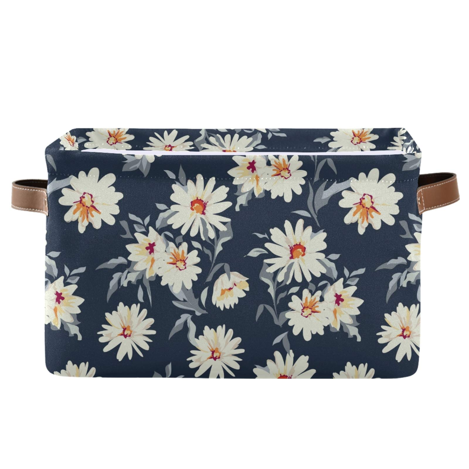 AUUXVA Floral Flower Daisy Leaves Pattern Storage Basket Large Foldable Storage Organizer Cubes Bins with Leather Handles Sturdy Collapsible Boxes for Shelf Cloth Toy Closet-2 Pack