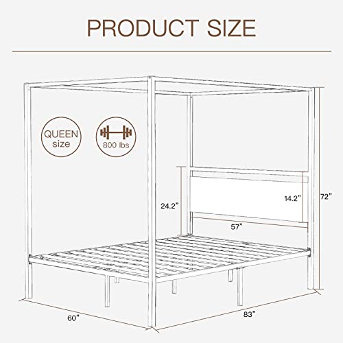 ikalido Queen Size Metal Canopy Bed Frame with Wooden Headboard, Classic Design Canopy Bed with 4 Sturdy Posters, Noise Free/No Box Spring Needed/Industrial Brown