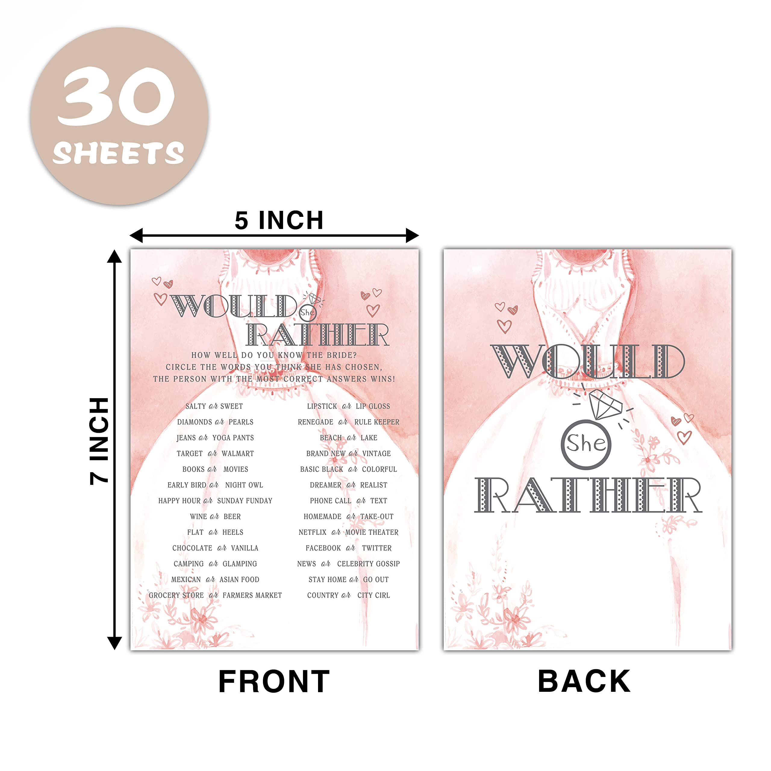 Bridal Shower Games - Would She Rather Game - Wedding Shower Games Cards - Engagement Party Games - 30 Cards Pack(dress08)