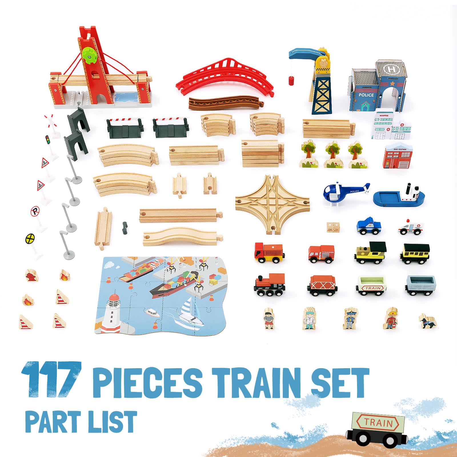 Giant bean 70PCS Wooden Train Set with Battery Locomotive Fits Thomas, Brio, Chuggington, Melissa Tracks, Expandable Toys for 3+ Years Old Girls & Boys