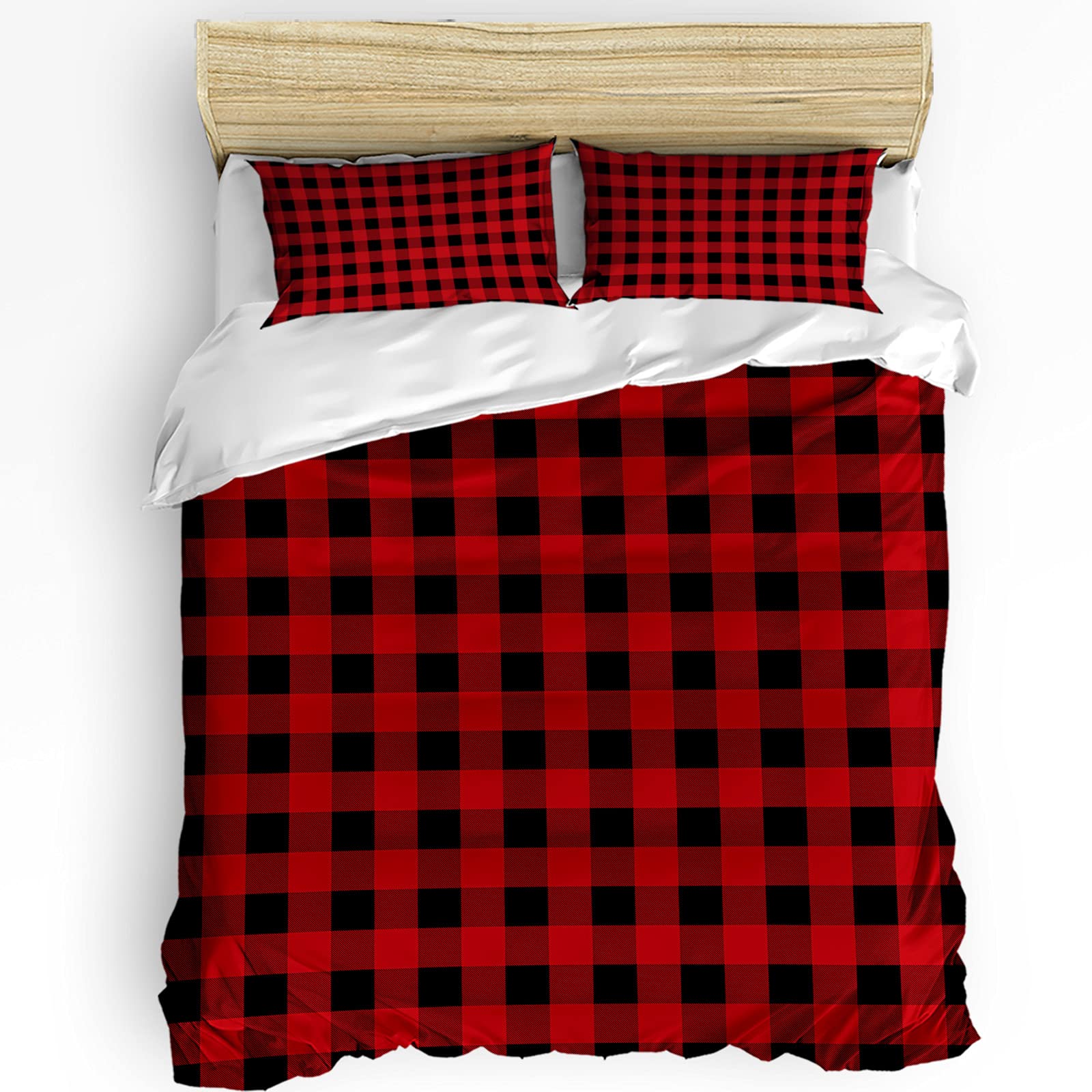 Savannan Duvet Covers 3 Pieces Set California King Size, Christmas Red and Black Plaid Buffalo Check Farmhouse Decoration Bedding Set with Zipper Closure & Corner Ties (1 Duvet Cover + 2 Pillow Sham)