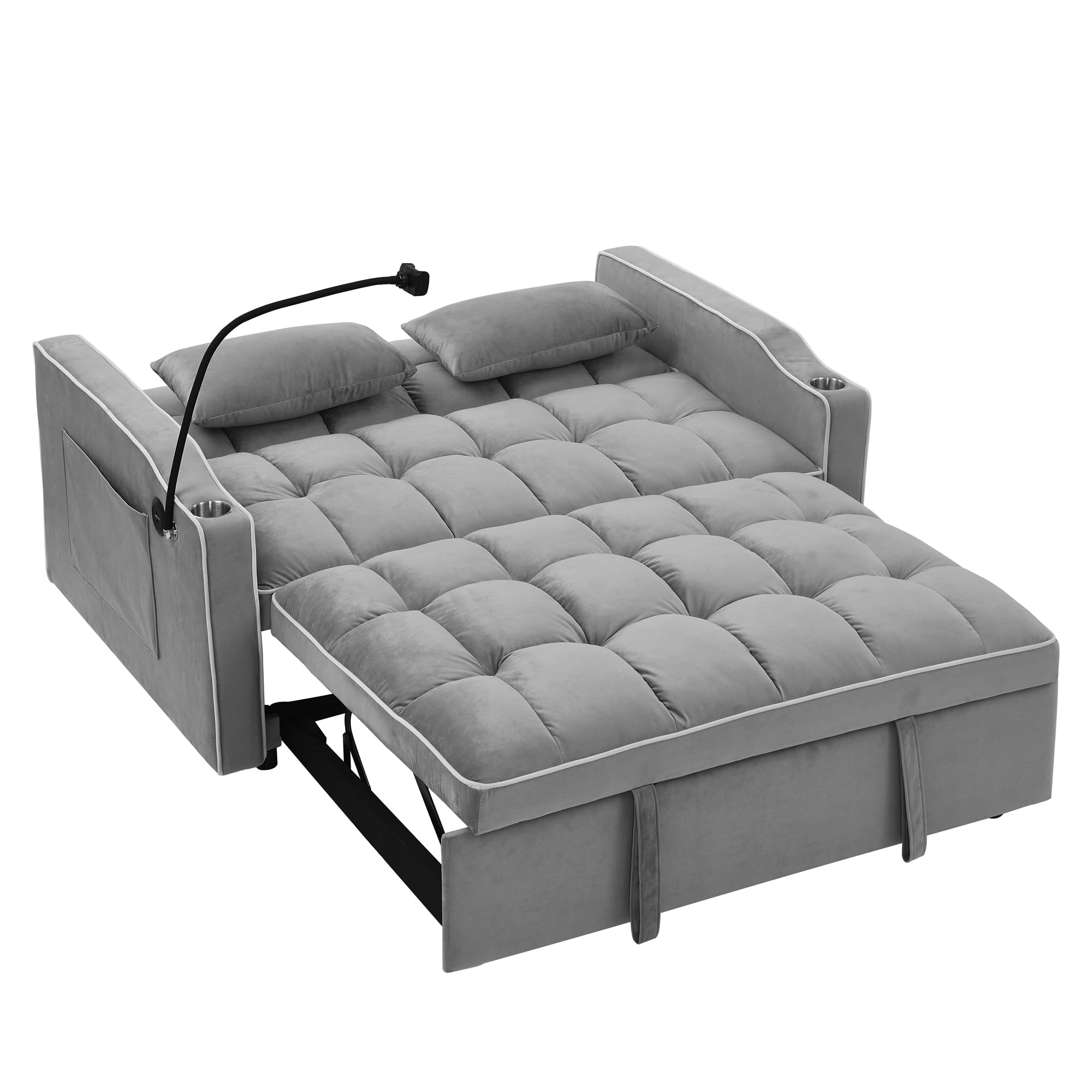 Bellemave Foldable Sofa Bed with Phone Holder, Pull Out Velvet Loveseat Sleeper with 2 USB Charging Ports, Modern Futon Couch with Cup Holders and Adjustable Backrest, for Living Room, Gray