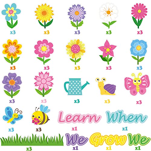 G1ngtar 64 Pcs When We Learn We Grow Bulletin Board Decoration Set Spring Summer Butterfly Bee Snail Flowers DIY Cardstock Paper Cutouts Wall Decals Teacher Supplies for Classroom School Kindergarten