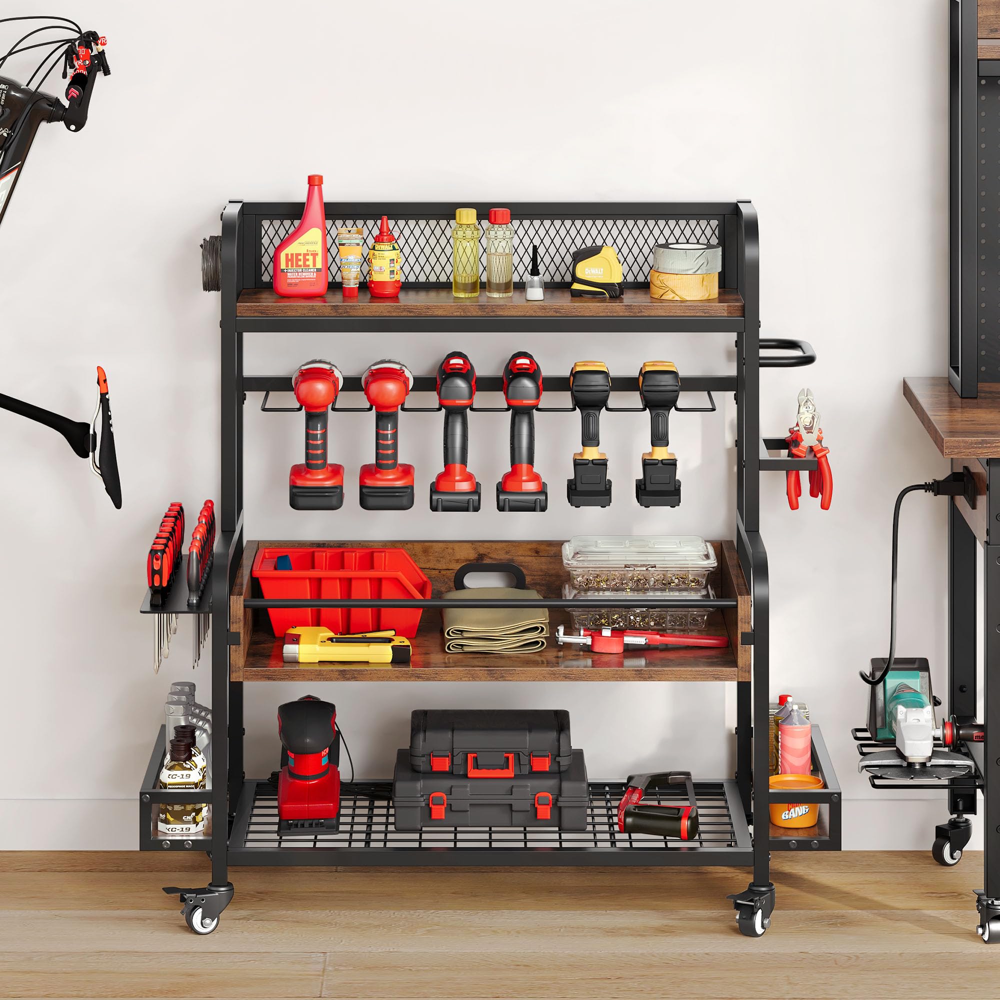 DWVO Large Power Tool Organizer Cart with Wheels, Rolling Garage Tool Organizer Cart with Movable Shelves, Power Tool Storage Cart for Mechanic Workshop Garage Gift for Men