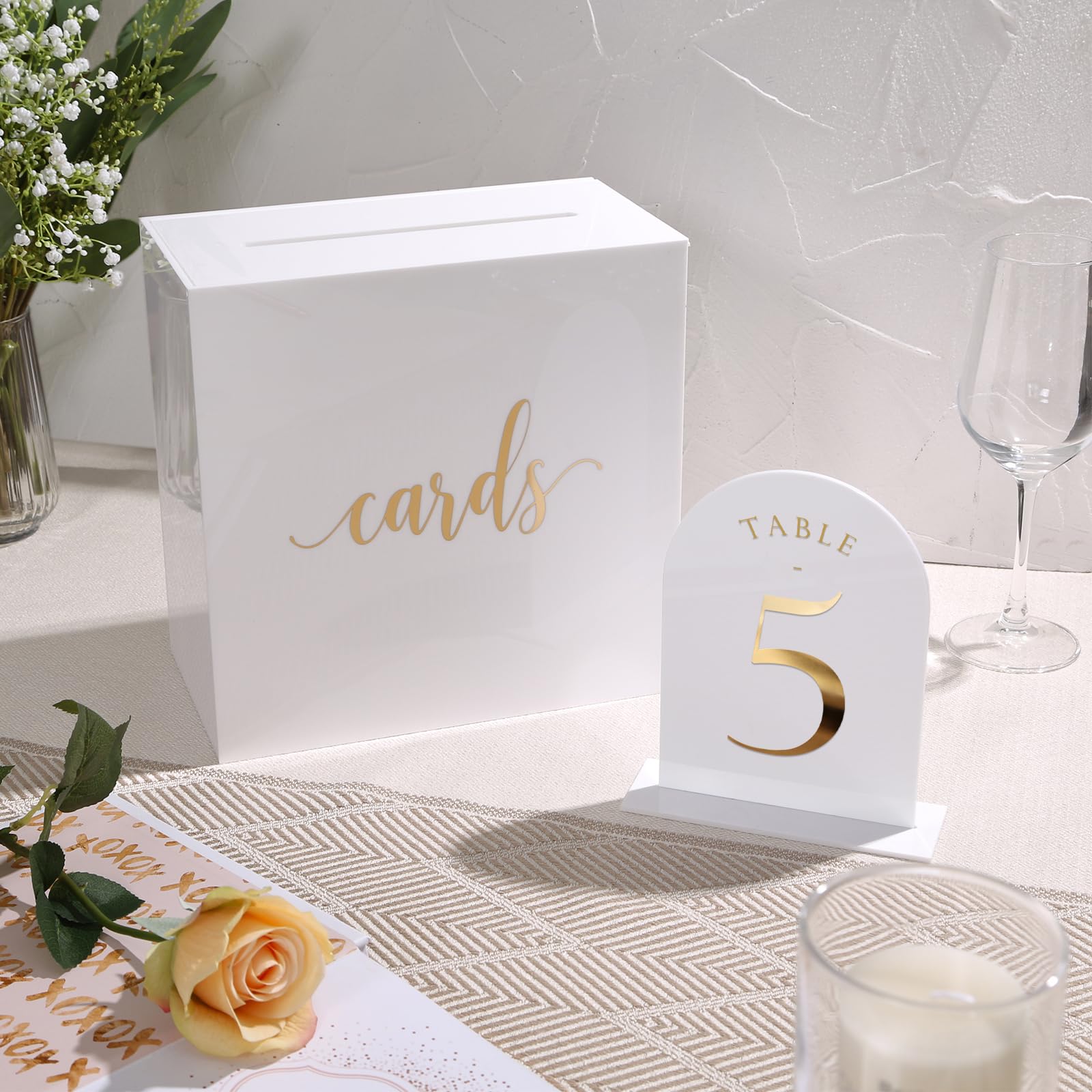 UNIQOOO White Arch Wedding Table Numbers with Stands 1-20, Gold Foil Printed 5x7 Double sided Acrylic Signs and Holders, Perfect for Centerpiece, Reception, Decoration, Party, Anniversary, Event