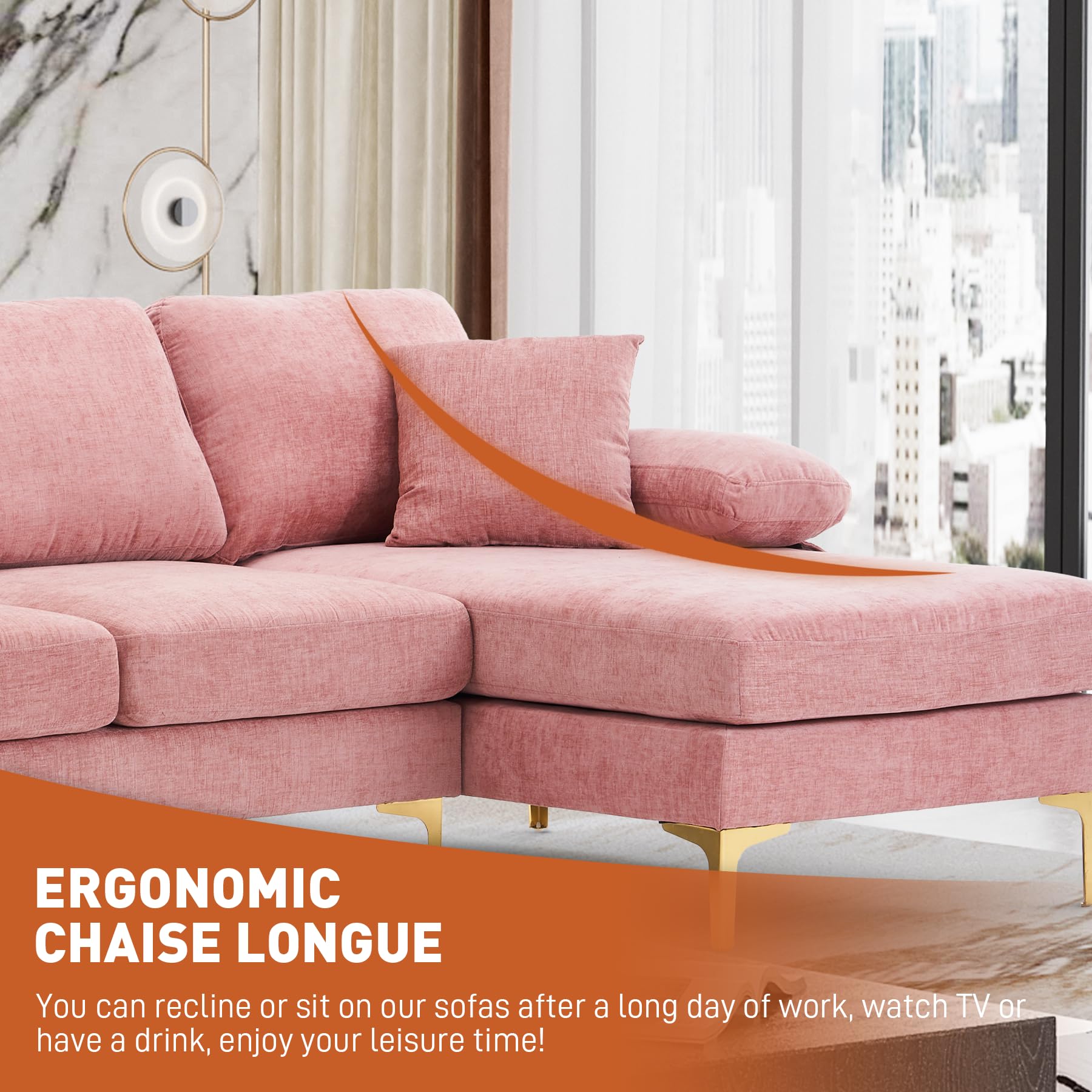 OUYESSIR U-Shaped Sectional Sofa Couch, 4 Seat Sofa Set for Living Room, 110.6" L-Shaped Chenille Sleeper Couch Set with Double Chaise Lounge (Pink)