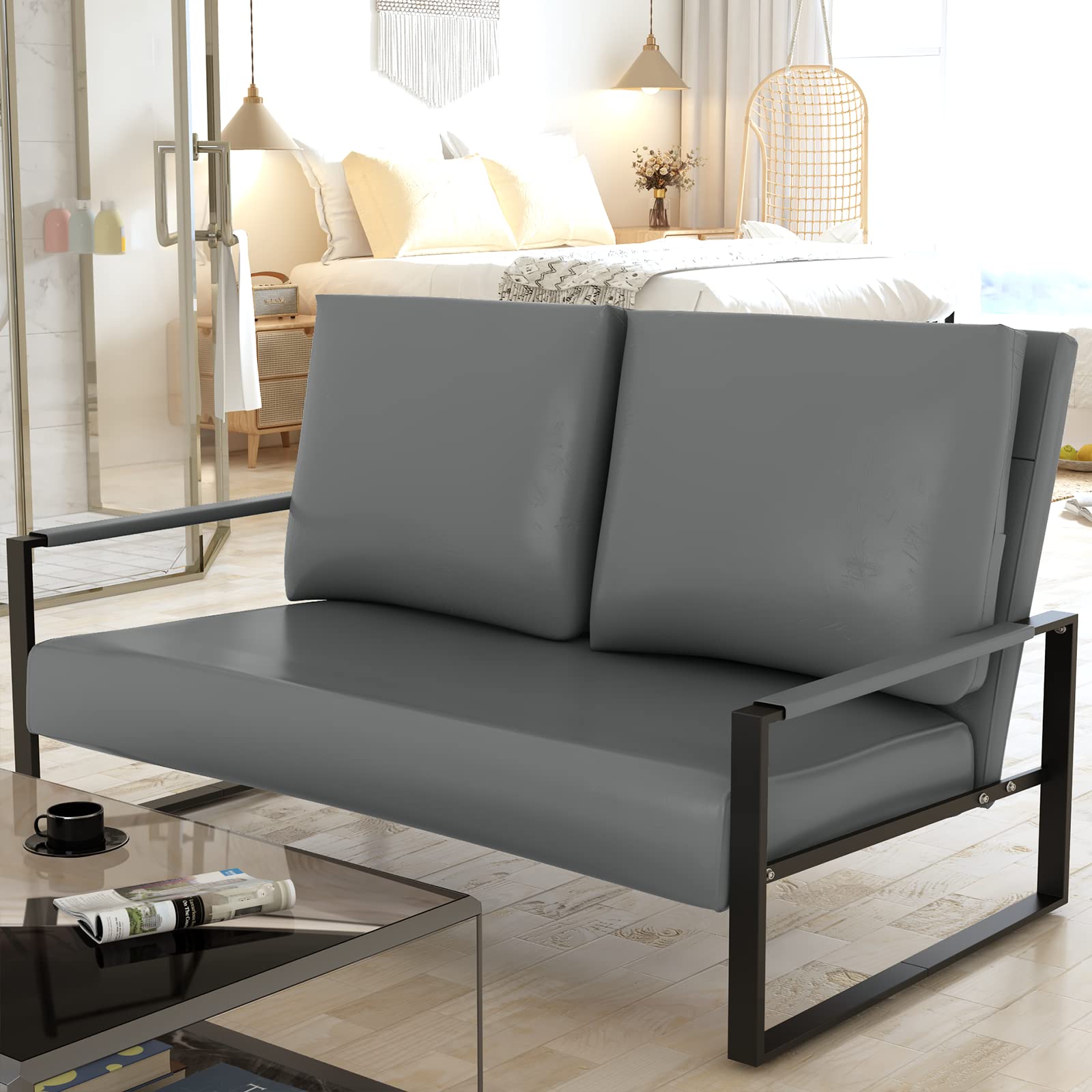 DKLGG Mid-Century Loveseats Sofa Couch, Faux Solid Leather Loveseat Sofa, Upholstered Faux Leather Couch 2-Seat Metal Armchair, Lounge Accent Chair for Living Room, Small Space, Studio, Apartment