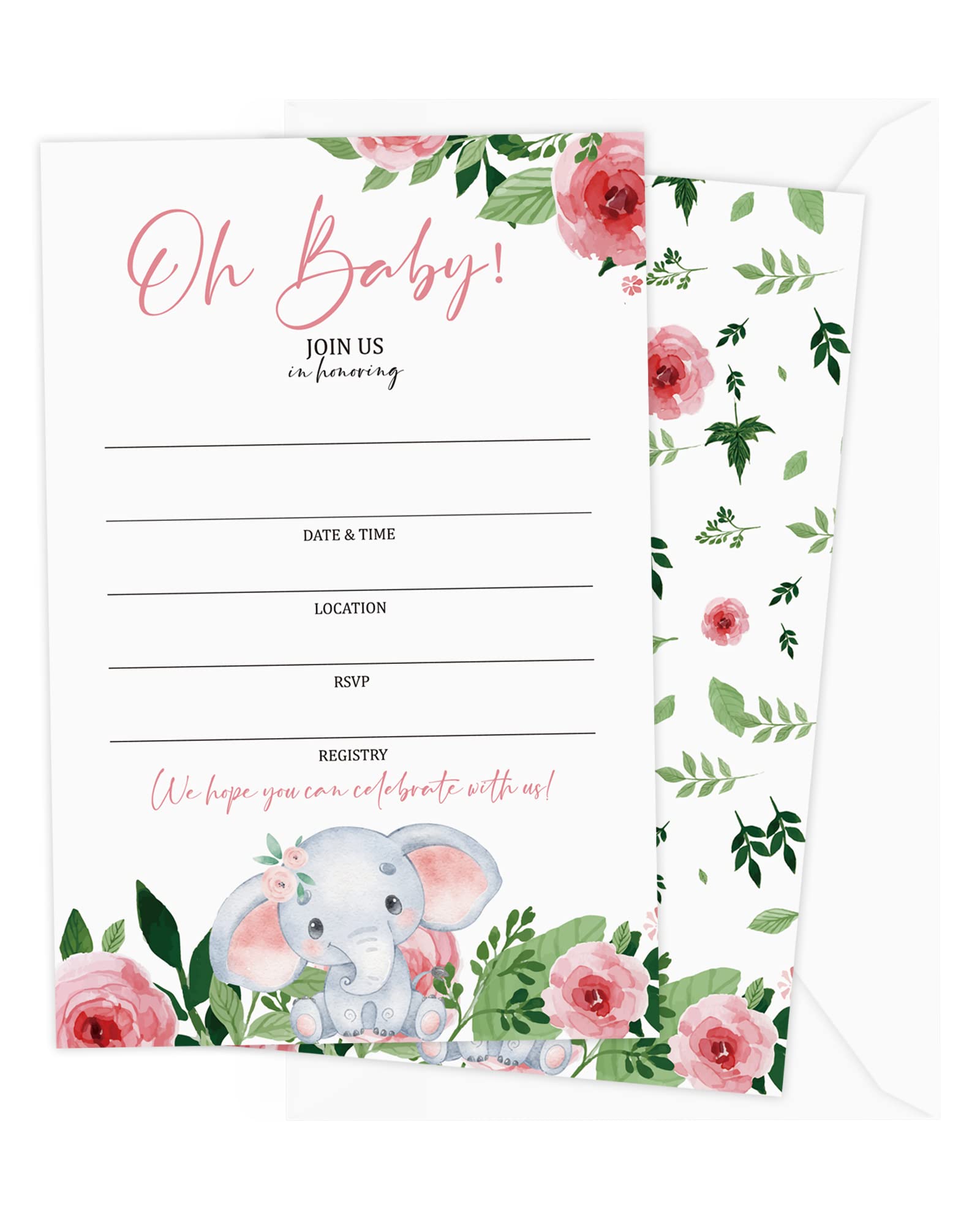 Baby Shower Invitations for Girl, Pink Floral Elephant Baby Shower Invitations with Envelopes, 20 Set