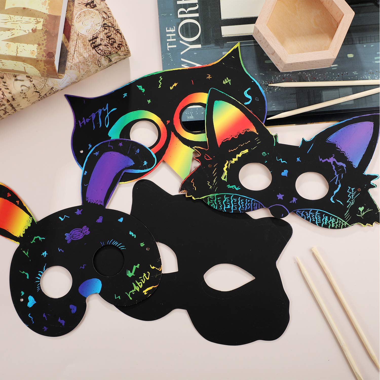 Honoson 36 Pieces Scratch Paper Animal Masks Rainbow Masks with Elastic Cords and 12 Pieces Wood Stylus for Costume Dress up Parties Decorations and DIY