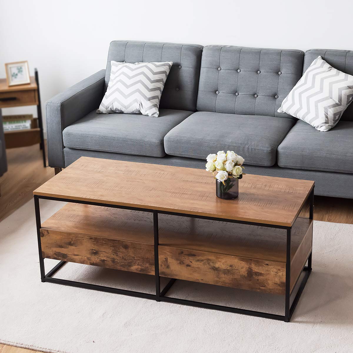 Giantex Coffee Table Two Tiers W/Drawers Storage Metal Solid Frame, Natural Wood Decorative Line Pattern, for Living Room Bedroom Accent Cocktail Sofa Side Table