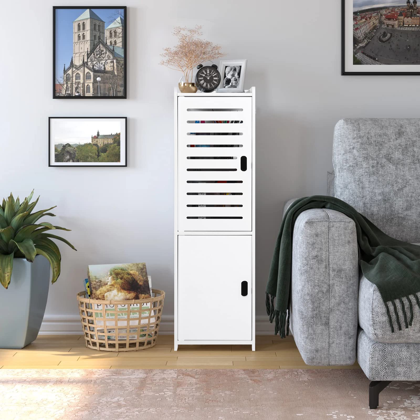 Bathroom Floor Cabinet Freestanding Double Door 3-Tier Side Storage Organizer Cabinet Unit, Multipurpose Waterproof Small Storage Cabinet for Bathroom, Bedroom, Office, White