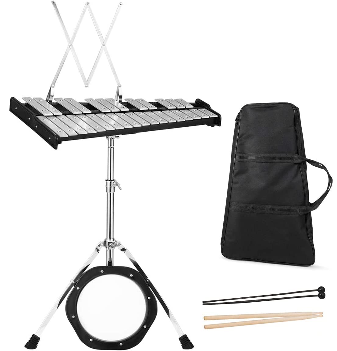 Giantex Percussion Glockenspiel Bell Kit 30 Notes, Xylophone with Adjustable Height Frame, Music Stand, 8" Practice Pad, Bell Mallets, Drumsticks, Carrying Bag, for School Band Beginner Student