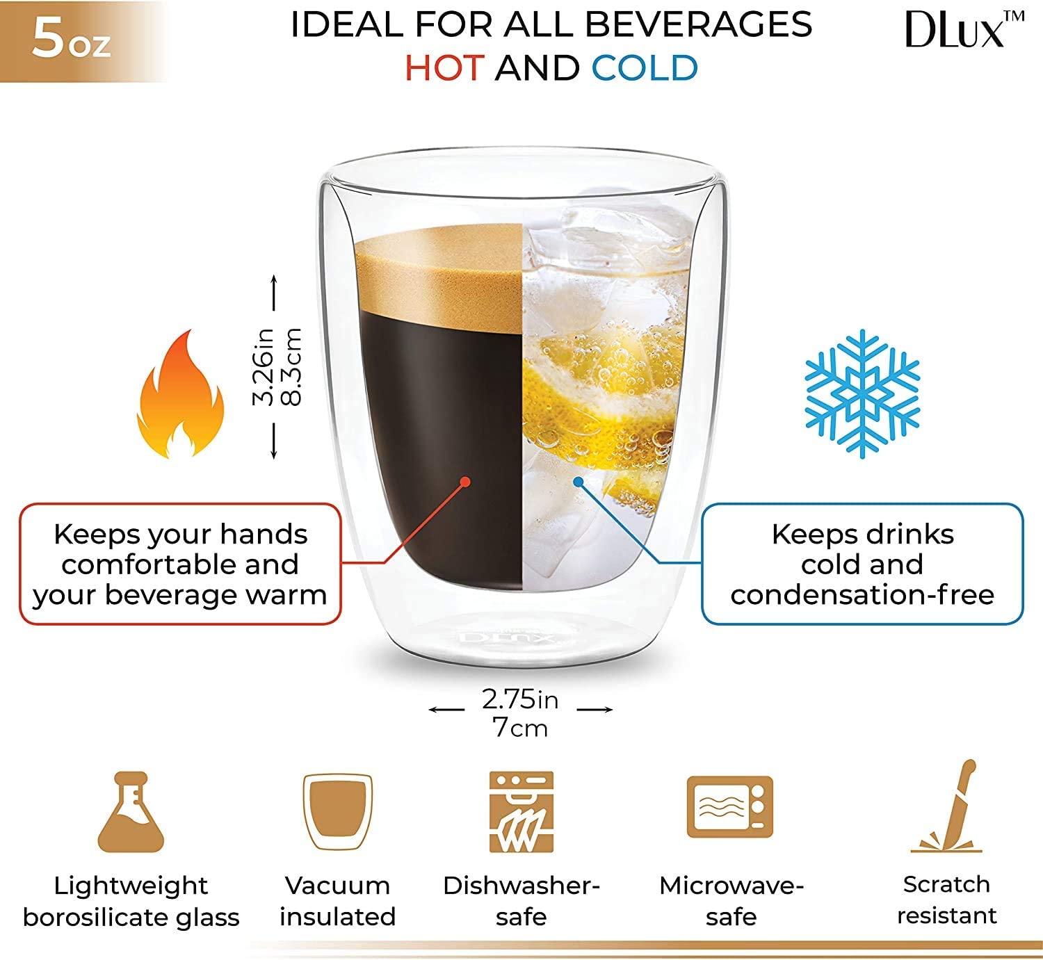 DLux Coffee Mugs, 5.4oz Latte Clear Glass Set of 2 Cups, Lungo Double Wall Insulated Borosilicate Glassware Cup - Wine, Tea Glasses