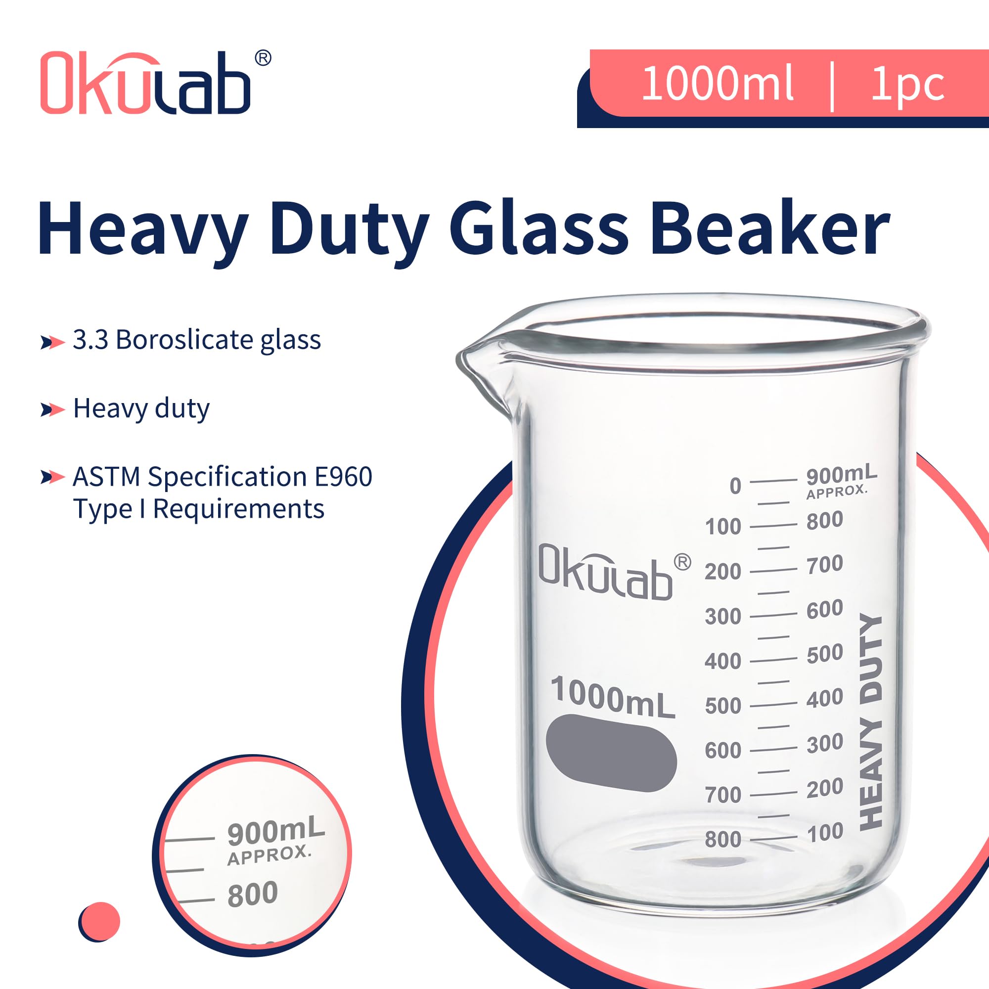 Okulab Heavy Duty Glass Beaker Set, Thick-Walled 3.3 Borosilicate Glass Beakers, with Double Scale Printed Graduation, Vol.1000ml, HBKG1000A1