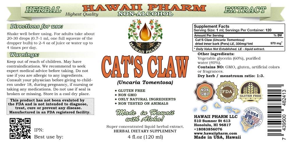 Cat's Claw Alcohol-Free Liquid Extract, Cat's Claw (Uncaria Tomentosa) Dried Inner Bark Glycerite Hawaii Pharm Natural Herbal Supplement 4 oz