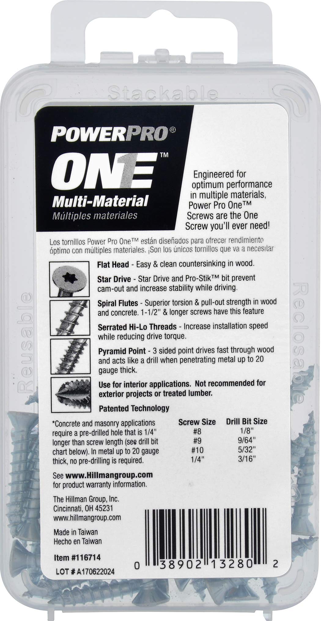 Power Pro Premium One Multi-Material Flat Head Screws, Zinc Plated Steel, Fasten in Wood, Metal, Concrete, Drywall and Plastic, Silver, #8 x 1 inch, Box of 35 Screws