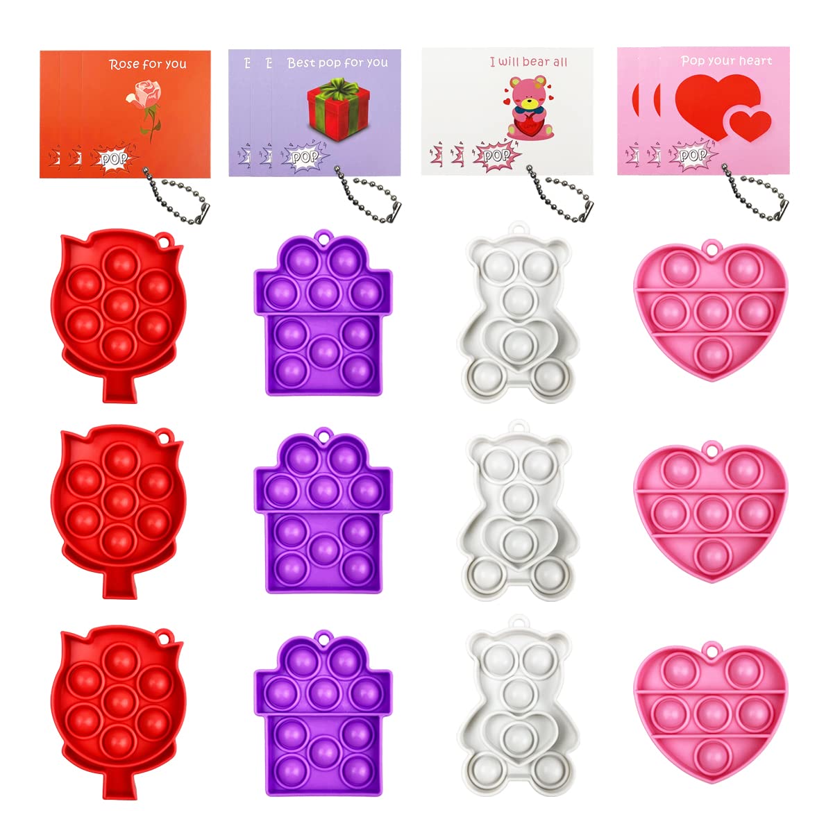 JoFAN 12 Pack Mini Valentines Fidget Sensory Simple Pop Toys with Cards for Kids School Class Classroom Valentines Day Cards It Gifts Prizes Party Favors
