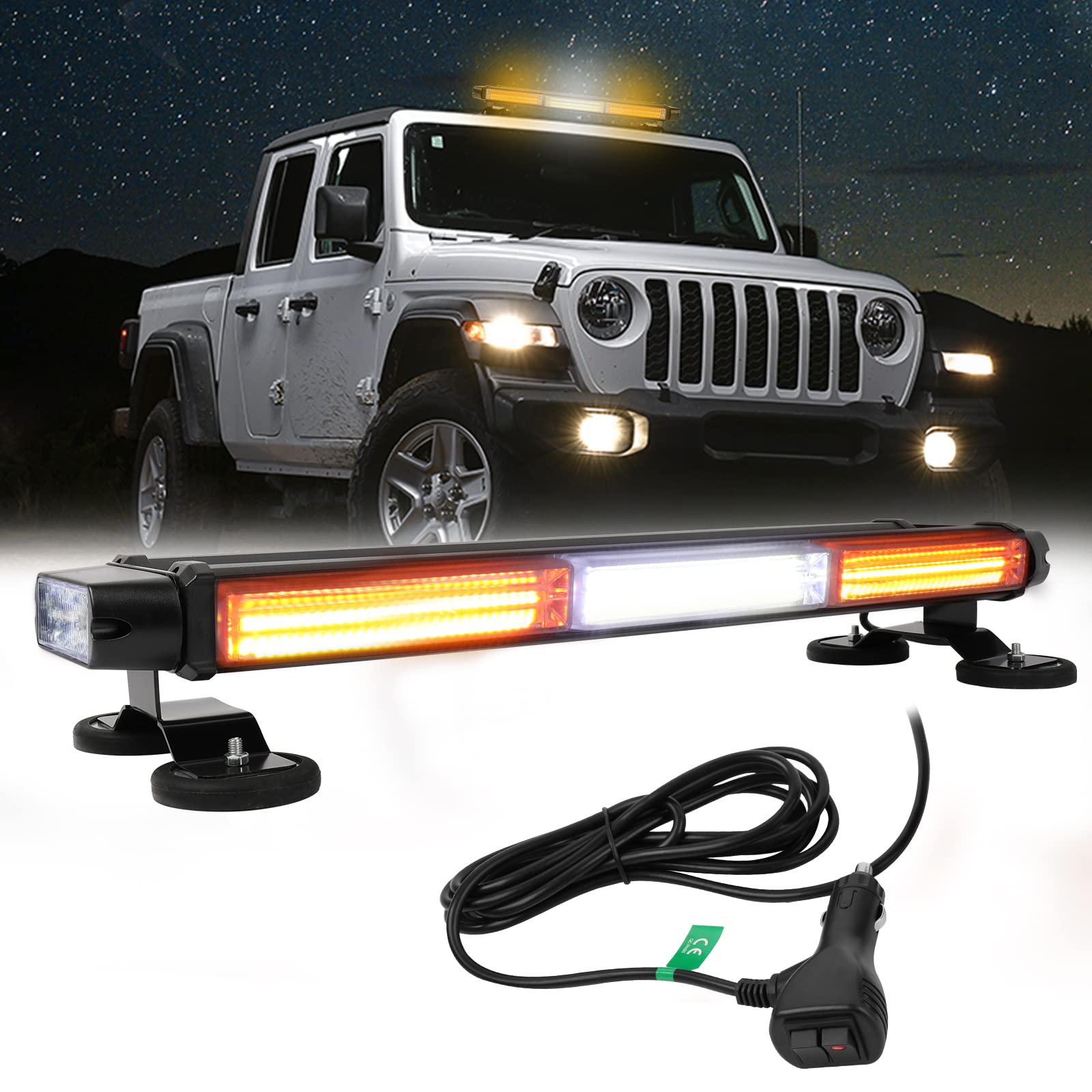 BraveWAY 20 inch LED Strobe Flashing Light Bar- White Amber LED Rooftop Light Bar Double Side Emergency Hazard Warning Beacon Lights for Safety Construction Vehicles Trucks Pickup Snowplow