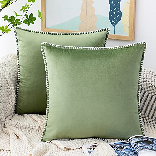 GAWAMAY Solid Soft Velvet Farmhouse Spring Pillow Covers 18x18 Set of 2,Decorative Green Throw Pillows with Chenille Edge,Square Boho Couch Pillows for Living Room Sofa Couch Beding(45x45cm) Green