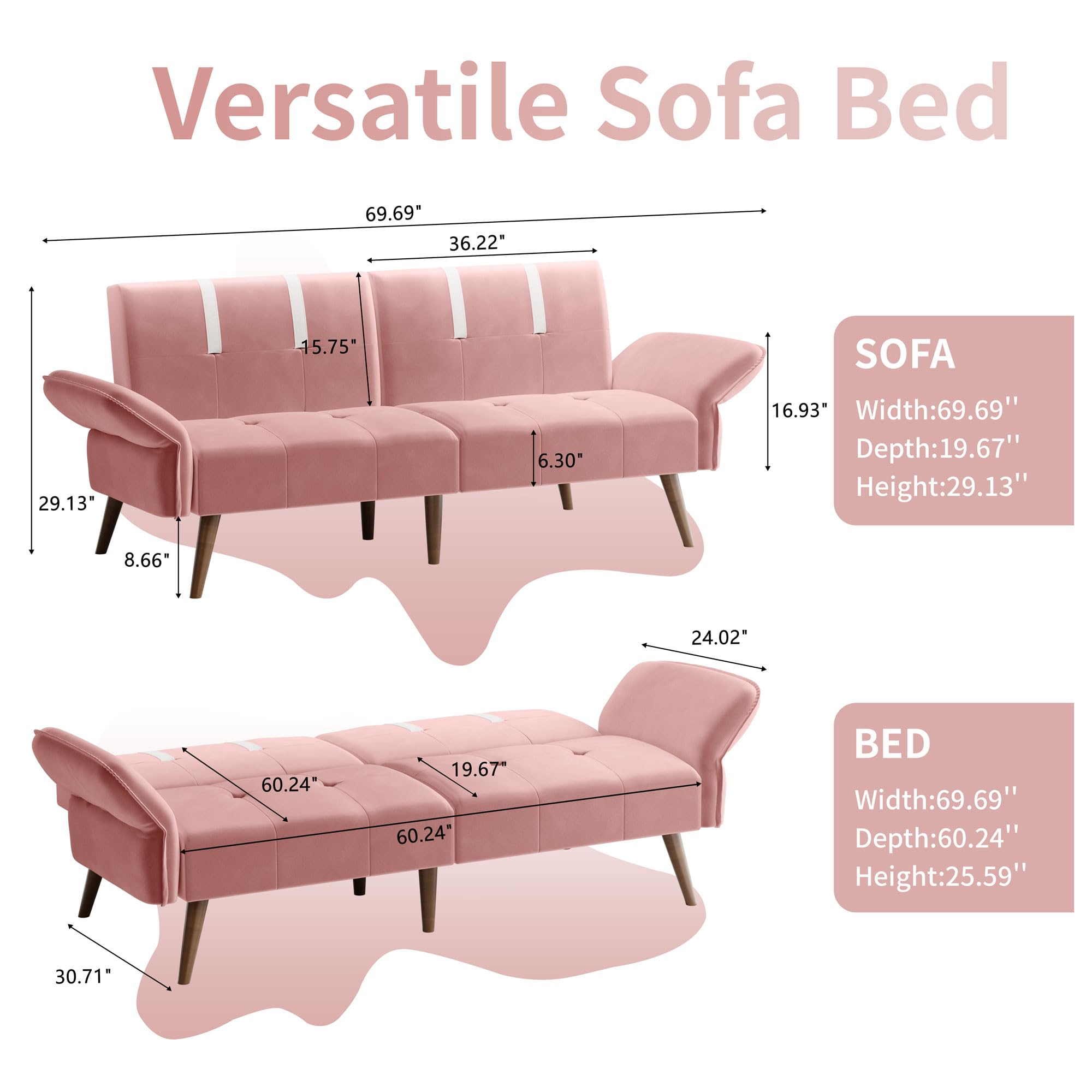 Shintenchi Futon Sofa Bed Modern Folding Sleeper Couch Bed for Living Room,Velvet Loveseat Sofa Couch Sofa cama for Apartments Office Small Spaces,w/Adjustable Armrests Backrest,Pink