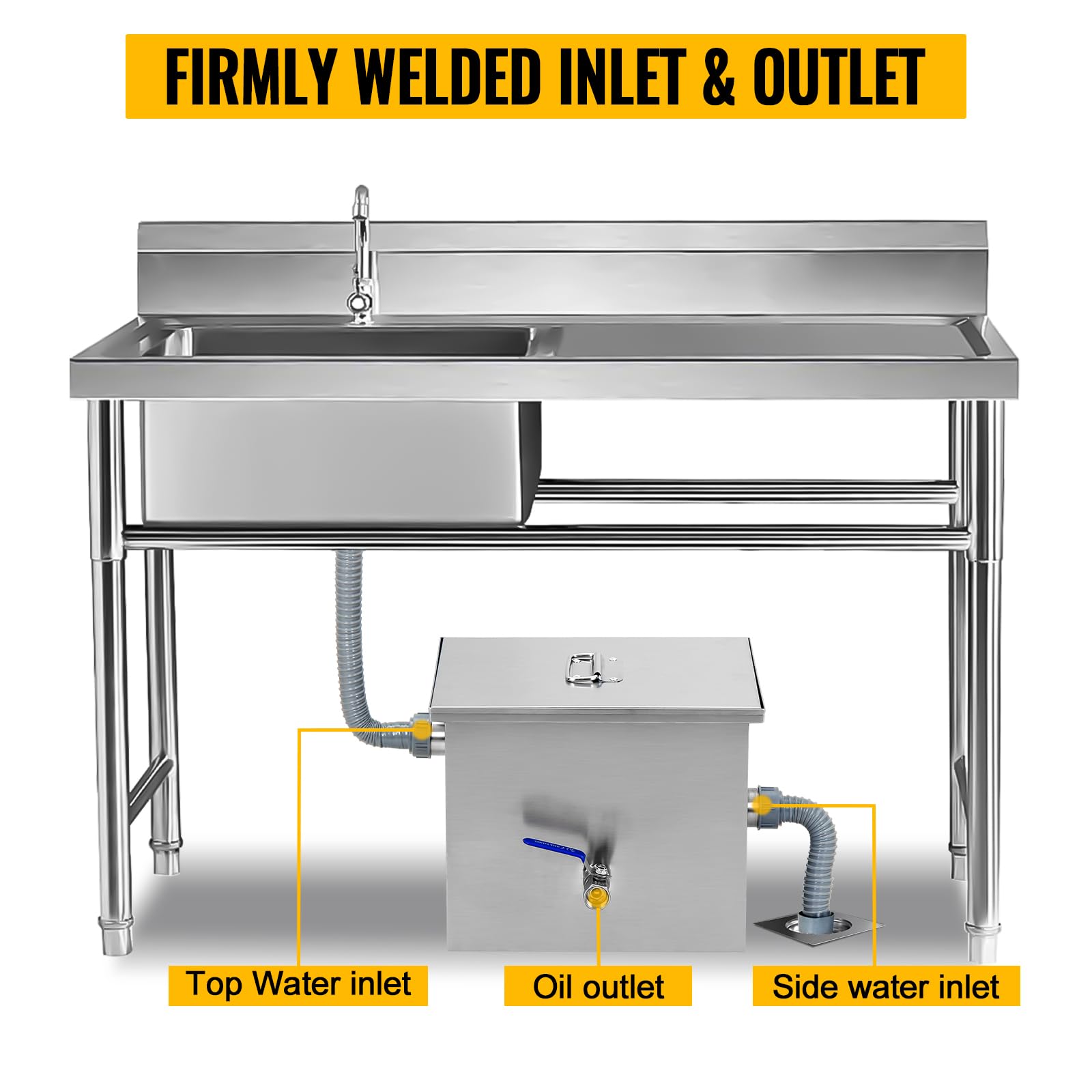 OUKIDR Commercial Grease Interceptor, Stainless Steel Grease Trap For Kitchen Under Sink, Oil-Water Separator With Side Water Inlet,25LB