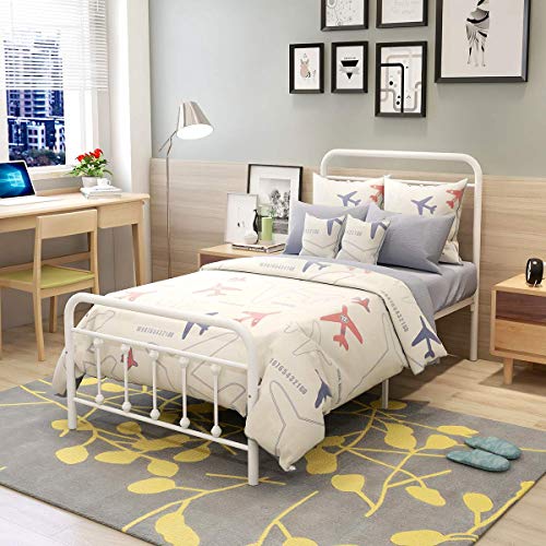DUMEE Metal Bed Frame Twin Size Platform with Vintage Headboard and Footboard Sturdy Metal Frame Premium Steel Slat Support,Textured White