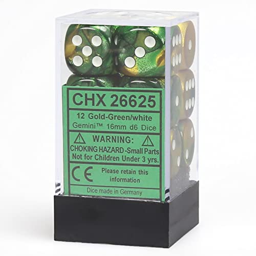DND Dice Set-Chessex D&D Dice-16mm Gemini Gold, Green, and White Plastic Polyhedral Dice Set-Dungeons and Dragons Dice Includes 12 Dice β D6, Various (CHX26625)