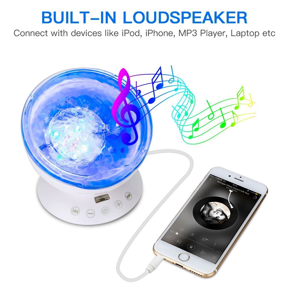 Ocean Wave Night Light Projector, Baby Lullaby Night Light with 7 Relax Light Show Projection, Music Player, Auto-Off Timer for Nap-time for Baby Nursery, Adults and Kids Bedroom, Living Room (White)