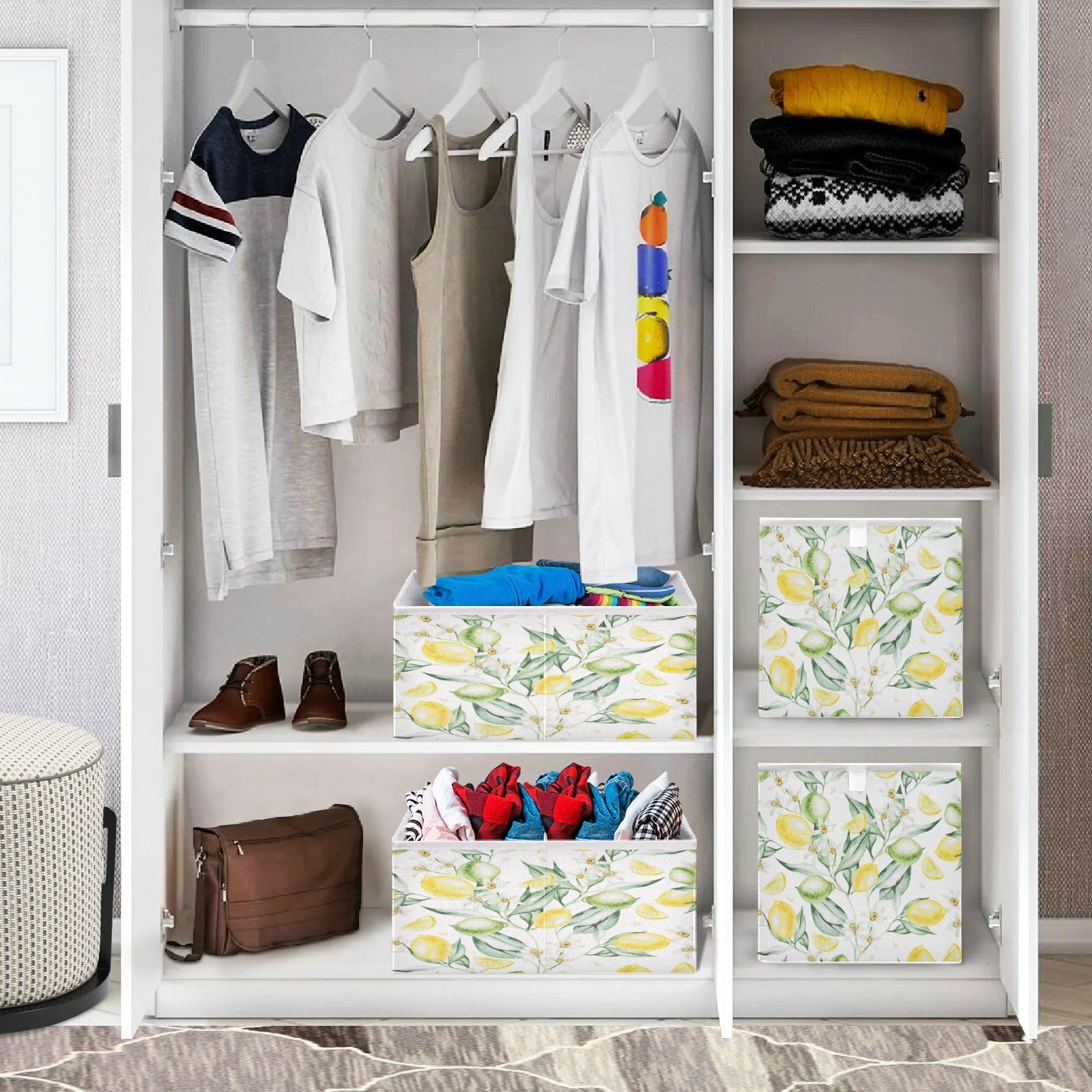 YEGAME Cube Storage Box, Lemon Foldable Fabric Storage Bin Portable Storage Basket for Book shelf Closet Laundry Room Nursery Home Office Decor, 11X11X11In