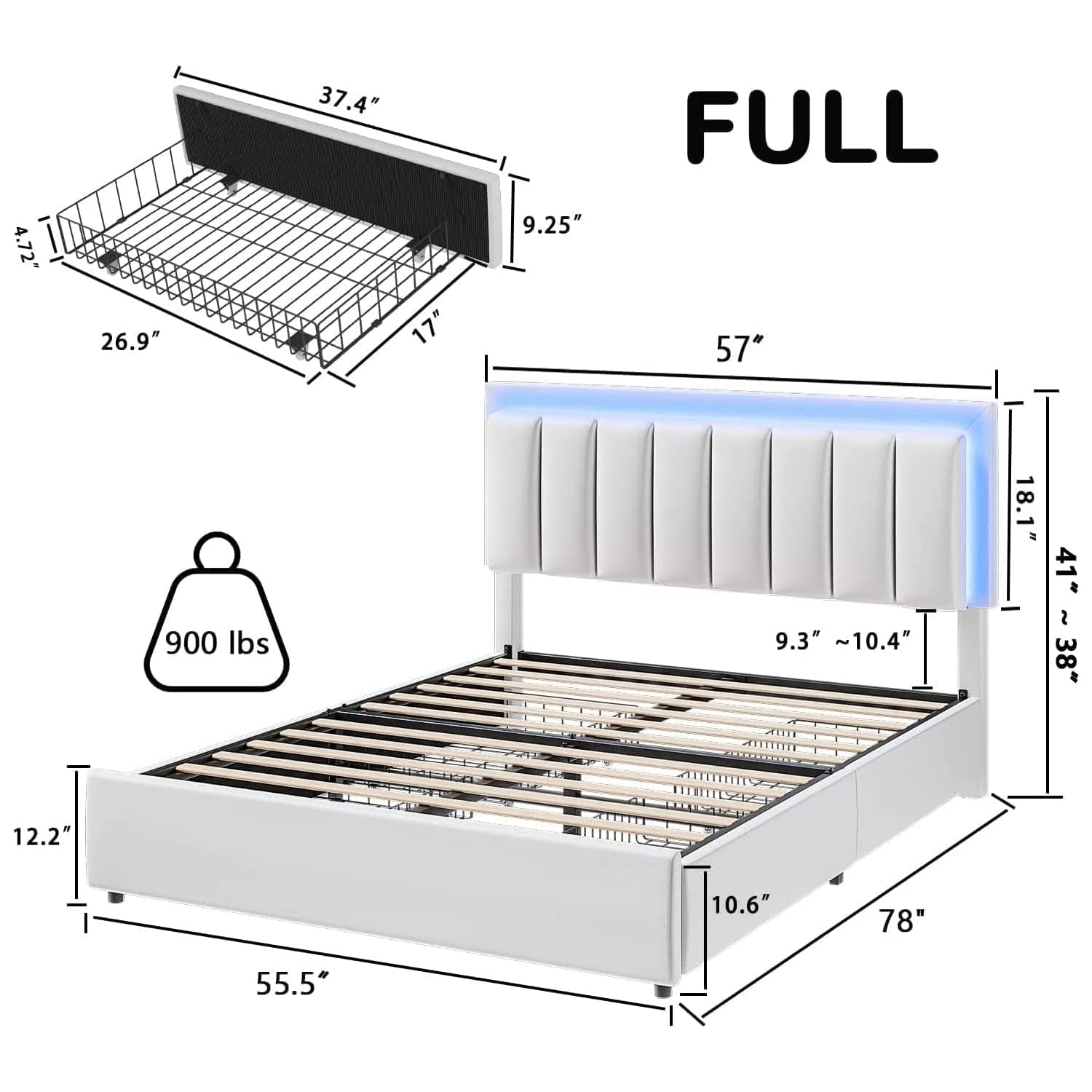 Catrimown Full Size Bed Frame with LED Lights and 4 Storage Drawers, Upholstered Platform Bed with Faux Leather Headboard, Strong Wooden Slats Support, No Box Spring Needed, Easy Assembly, White