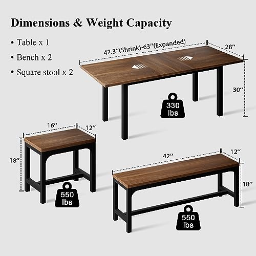 Feonase 5-Piece Dining Table Set for 6-10 People, 63" Large Extendable Kitchen Table Set with 2 Benches and 2 Square Stools, Dining Room Table with MDF Wood Board, Easy Assembly, Walnut