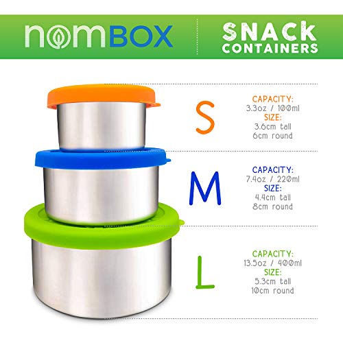 NomBox Stainless Steel Food Storage Containers β Set of 3 Kitchen Lunch/Snack Containers With Leak-proof Silicone Lids β Reusable & Washable β For Portion Control, Food Prep & Storing