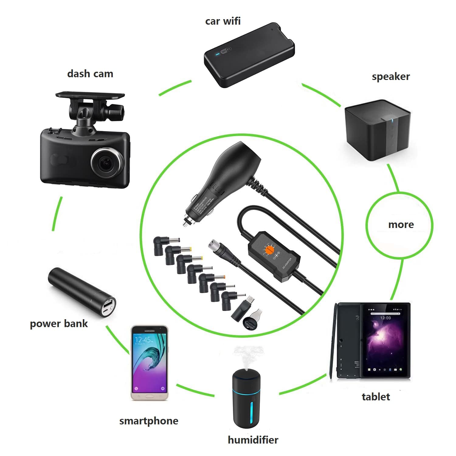 Powseed DC Car Charger Universal Power Adapter w/USB Port for Dash cam Breast Pump Speaker Smart Phone Tablet & Micro USB Device, Output 3V 4.5V 5V 6V 7.5V 9V 12V Multi-Voltage Car Adapter