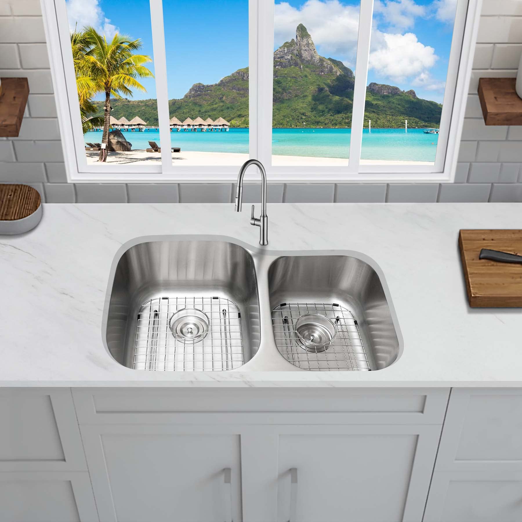 KABCO 32 Inch Double Unequal Bowl Classic Kitchen Sink with Sink Strainers, Sink Grids, Rolling Up Grid and a Removable Garbage Basket 16 Gauge Undermount Rust, Sound and Heatproof