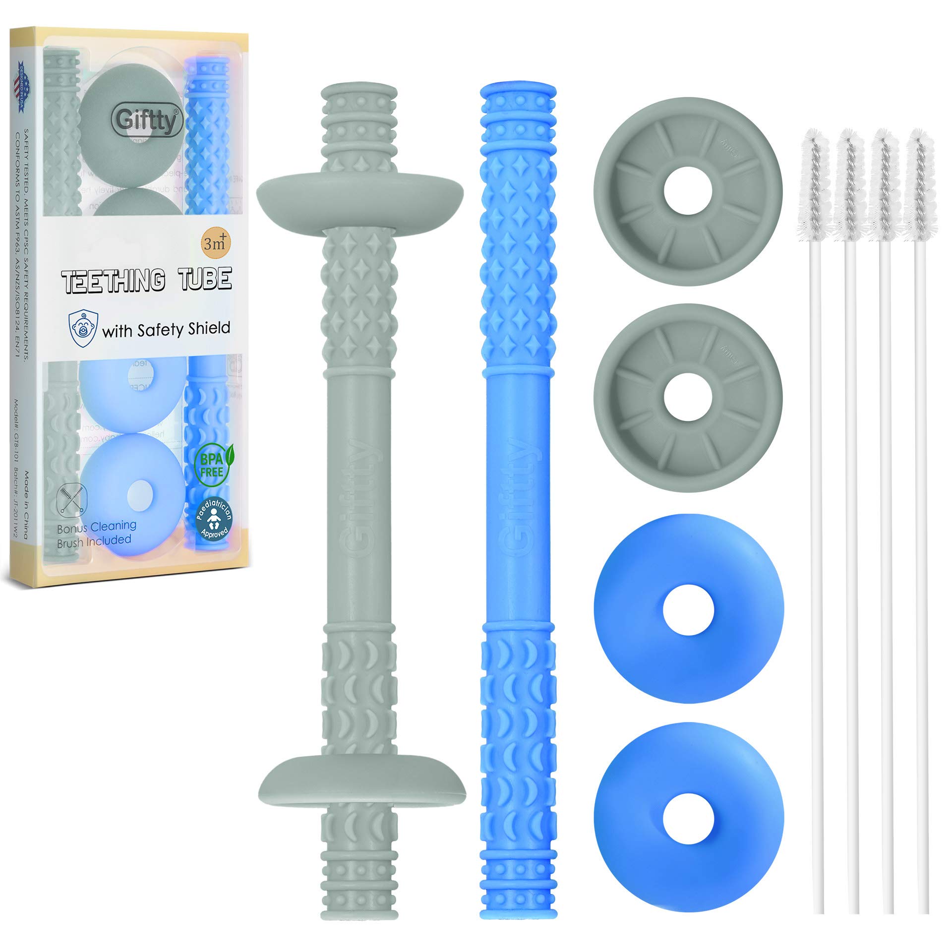 Giftty Teething Tube with Safety Shield Baby Hollow Teether Sensory Toys Gum Massager, Food-Grade Silicone for Infant 3-12 Months Boys Girls, 1 Pair with 4 Cleaning Brush Included (Blue+Grey)