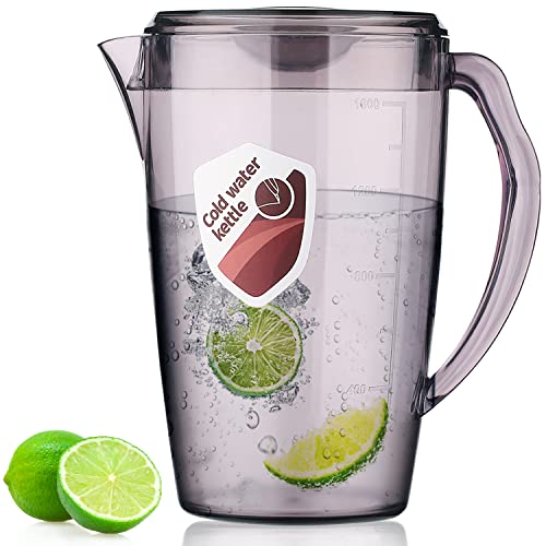 HOMQUEN Plastic Pitcher, 60 Oz/1.8L Water Pitcher with Lid, Iced Tea Pitcher, Water Carafe, Jar Pitcher, Water Jug with Handle for Tea, Juices, Milk, Cold or Hot Beverages (1 Pack/Gray)