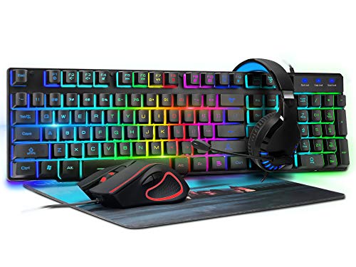 Gaming Keyboard Mouse and Headset with mic Combo USB Wired RGB Backlit Gamer Bundle Compatible with PC Windows 7/8/10/11 Xbox one PS4 PS5(Black)