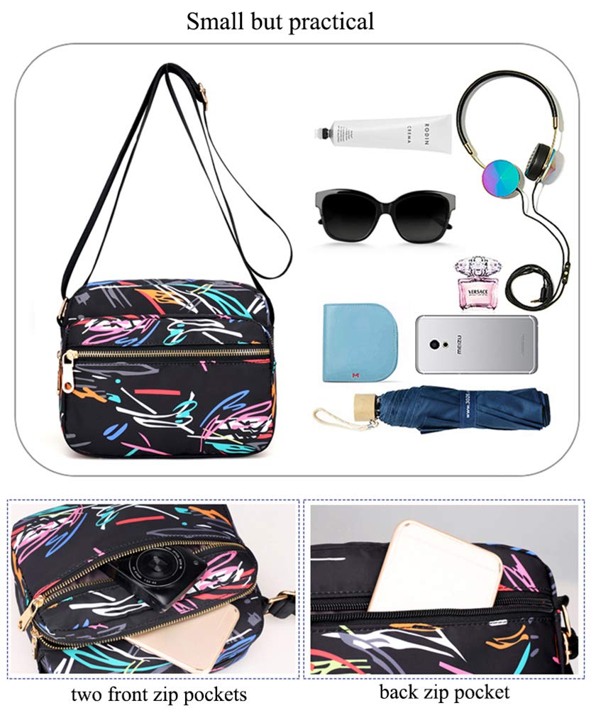 Collsants Small Nylon Purse Mini Crossbody Bag Travel Shoulder Bag Multi Zipper Pockets (flower-HCT)