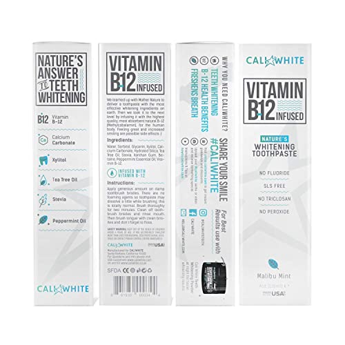Cali White Vegan Teeth Whitening Toothpaste (2-Pack) with Vitamin B12, Organic Mint, Fluoride-Free Toothpaste, SLS Free, Gluten-Free, Xylitol, Natural Toothpaste