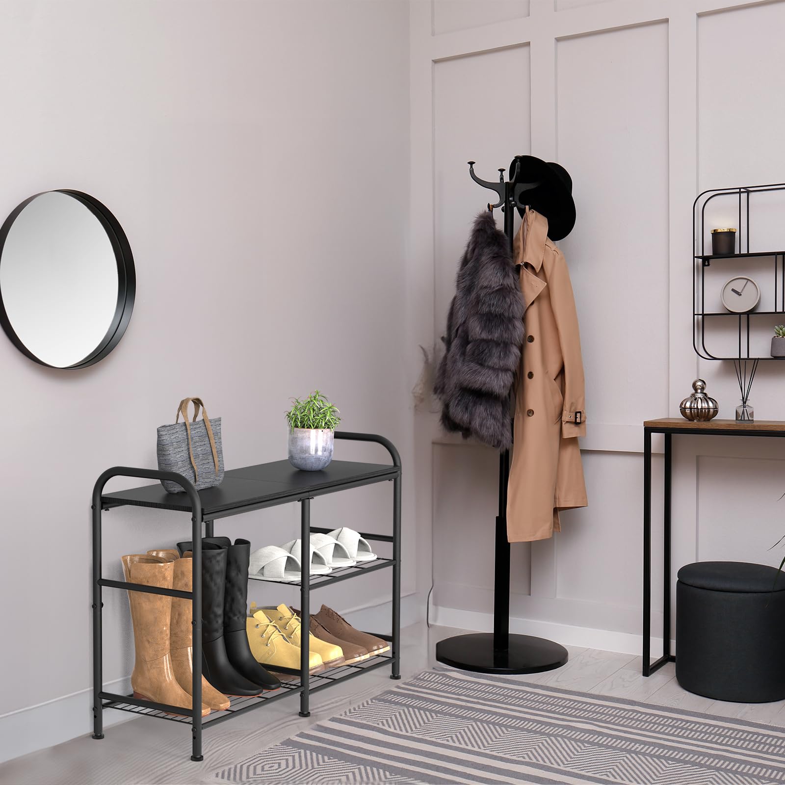 Entryway Shoe Rack Organizer, Free Standing Shoe Rack for Closet with Mesh Shelves and MDF Board, Modern Black Shoe and Boots Storage Shelf for Hallway Doorway